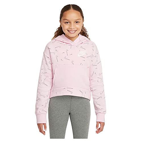 Nike Girl's NSW Fleece Print Hoodie (Little Kids/Big Kids) Pink Foam/White SM (8 Big Kid)