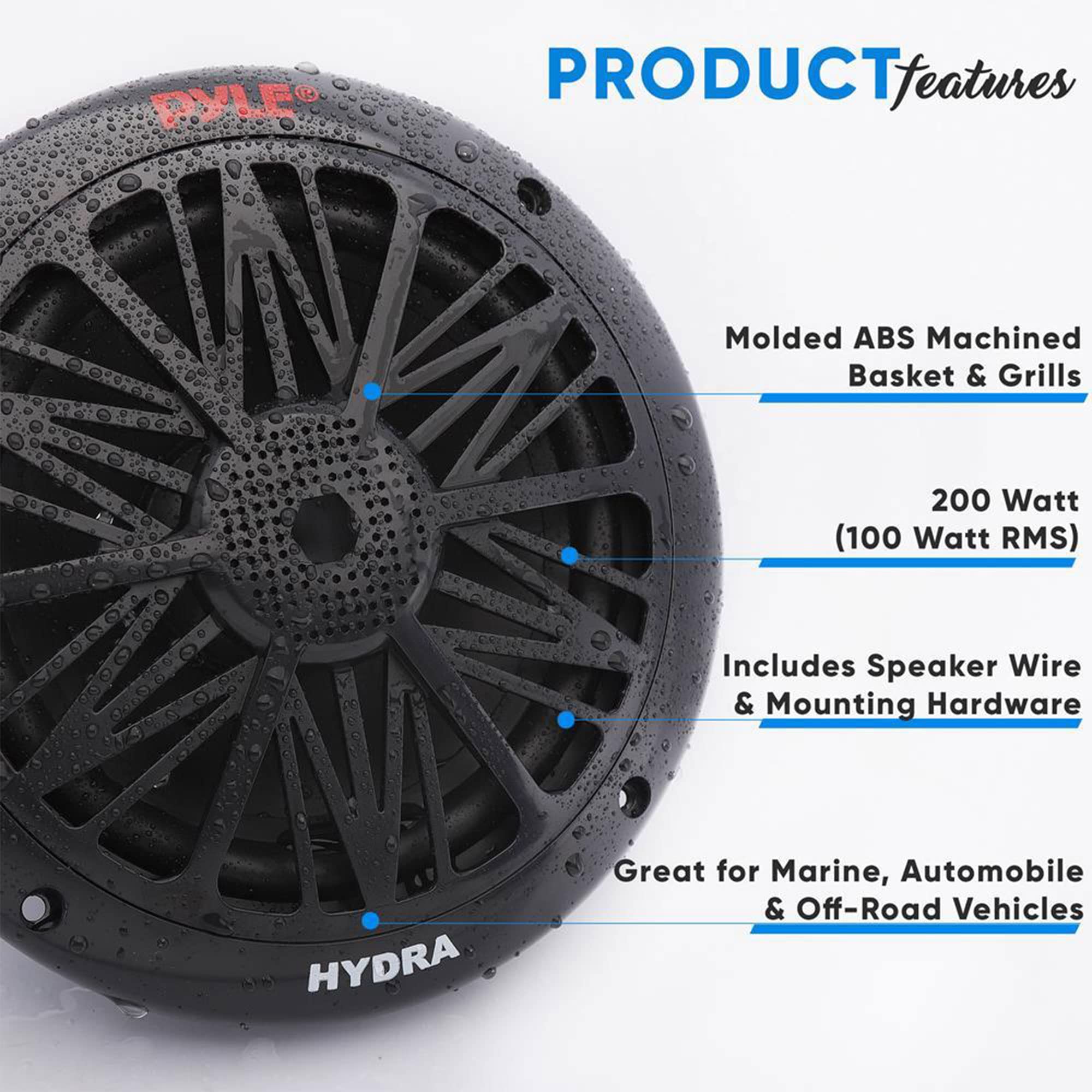 Pyle Marine Component Speaker System - 200watt peak, 6.5in Woofer, Passive Crossover 85hz-6khz, .5 in. Neodymium Tweeter, 1.4khz-14.4khz, IP-44 Marine Grade Rating, Heavy Duty Magnet - PLMR6KB Black