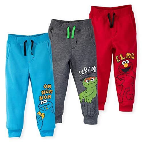 Sesame Street Elmo Cookie Monster Oscar The Grouch Toddler Boys Fleece 3 Pack Pants Blue/Gray/Red 3T