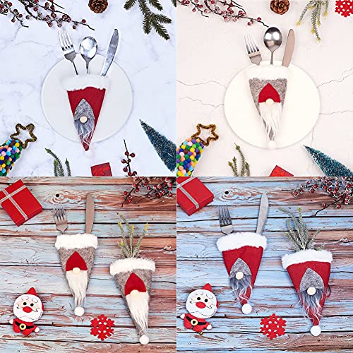 XIMINZ 12Pcs Christmas Santa Hats Silverware Holders, Nordic Santa Gnome Knife and Fork Holder Cover Tableware Bag Cutlery Holder Plush Bag Christmas Party Table Dinner Decor (red+grey)
