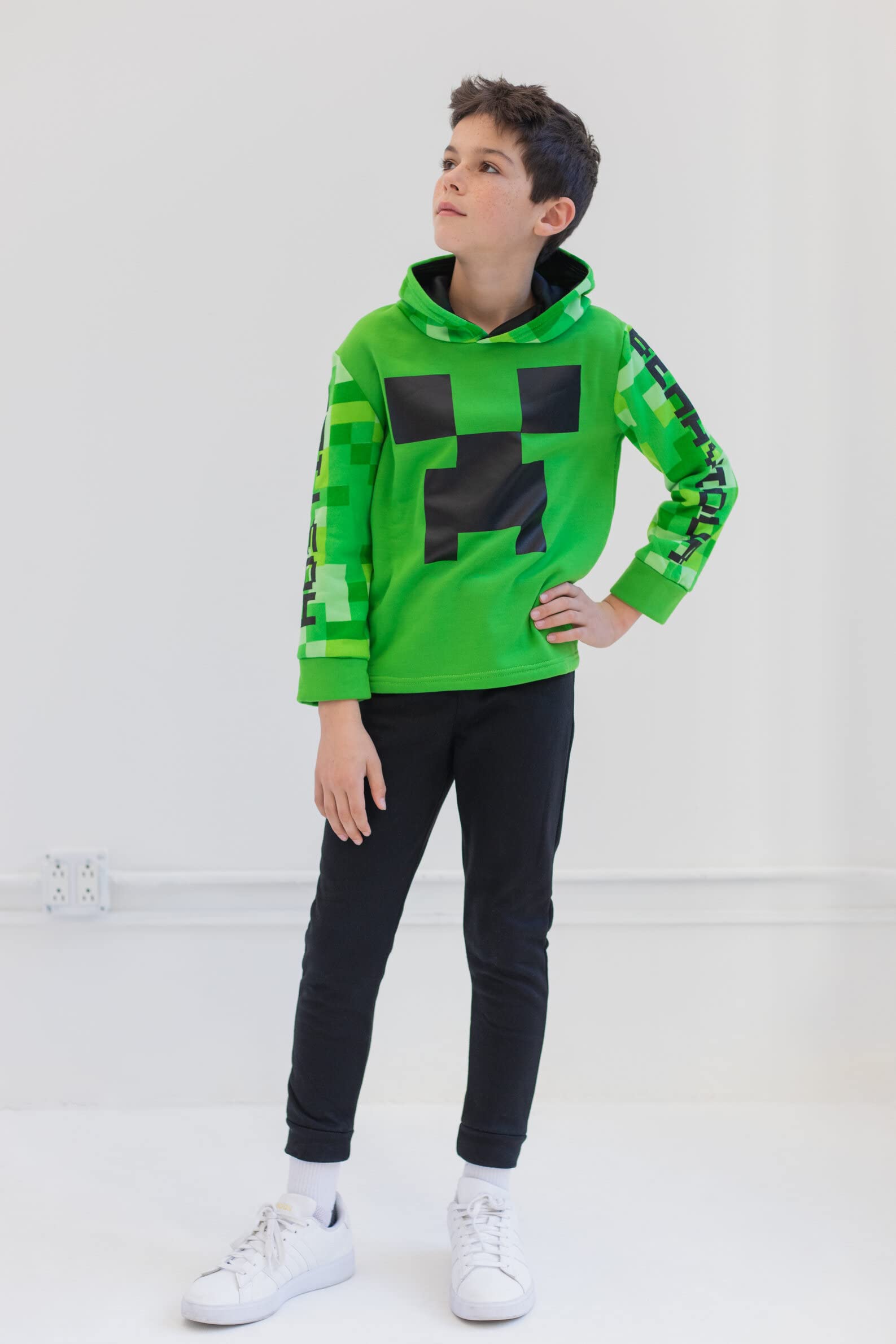 Minecraft Creeper Big Boys Fleece Raglan Hoodie & Pants Set Green/Black 10-12
