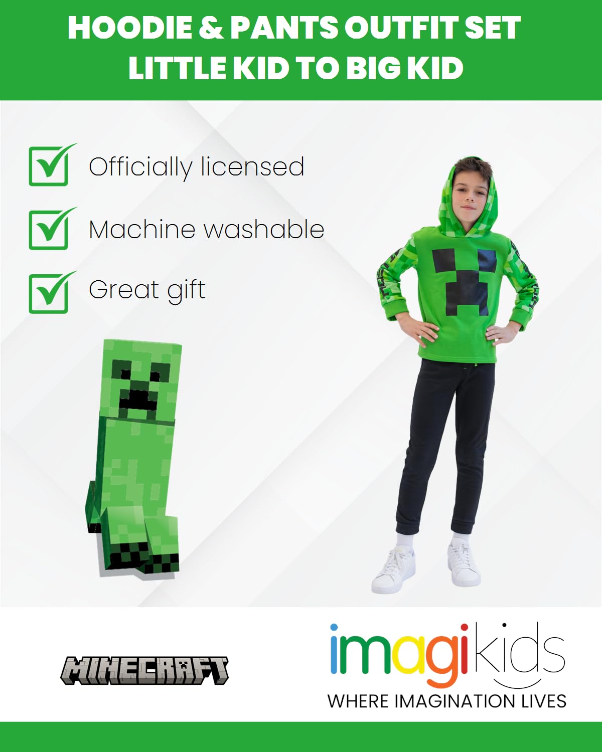 Minecraft Creeper Big Boys Fleece Raglan Hoodie & Pants Set Green/Black 10-12