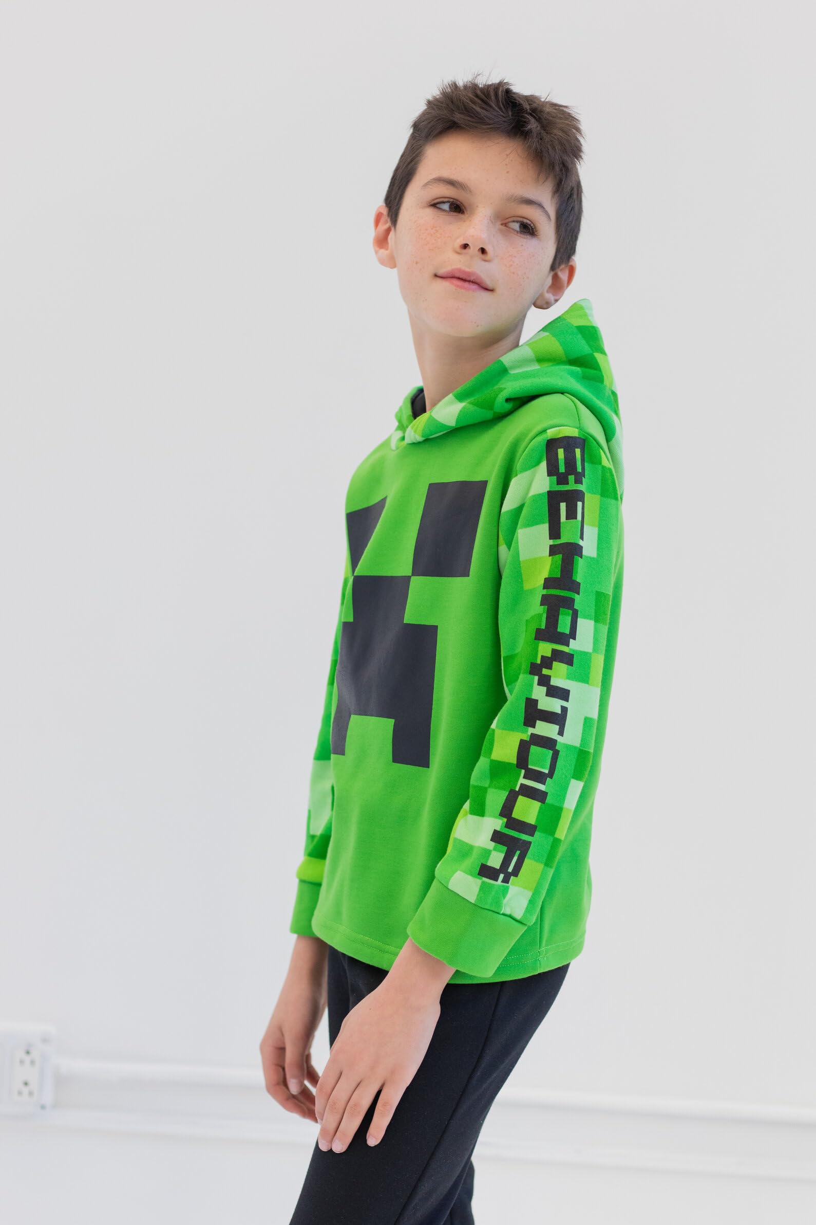 Minecraft Creeper Big Boys Fleece Raglan Hoodie & Pants Set Green/Black 10-12