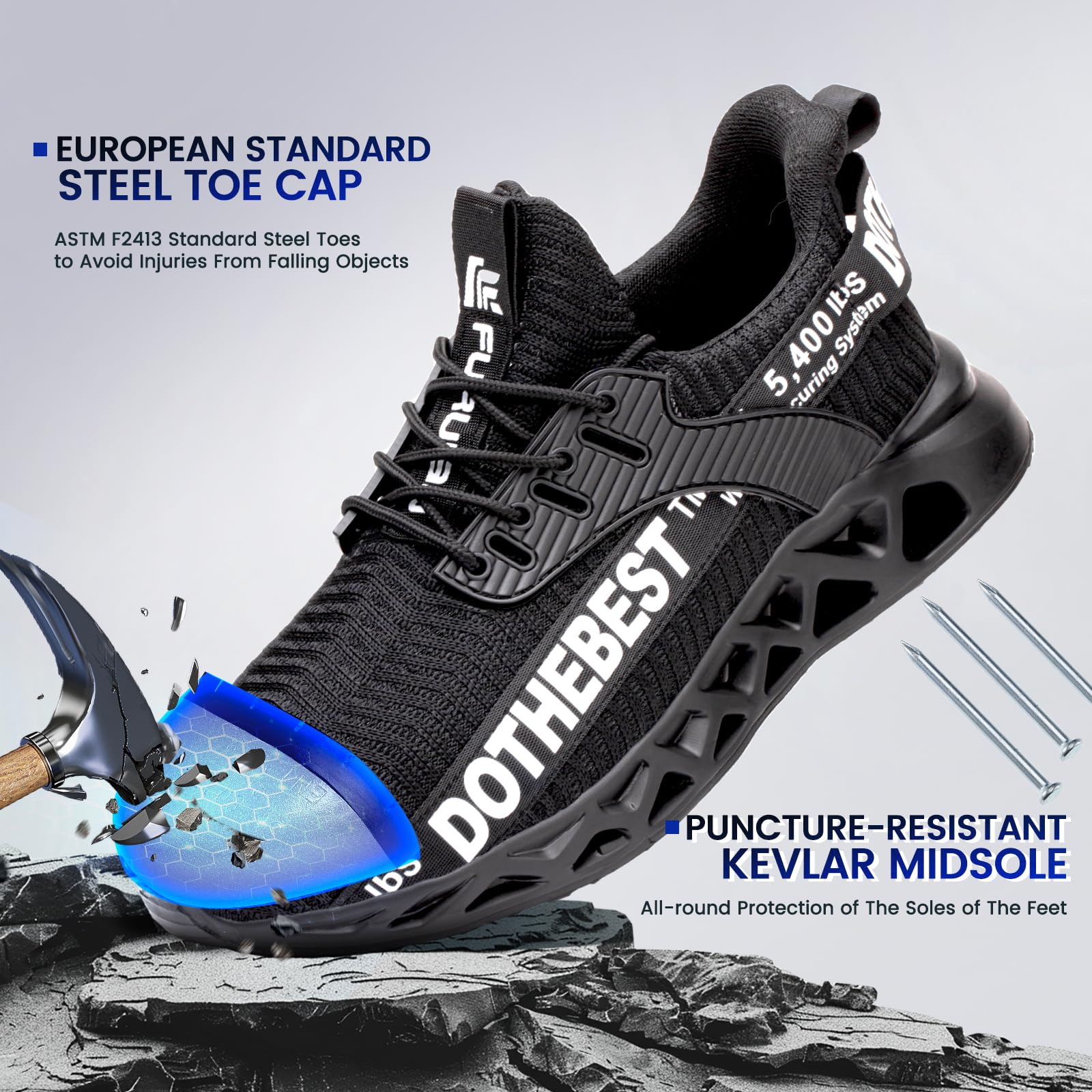 Furuian Safety Shoes Men Work Sneakers, Steel Toe, Lightweight, Comfortable, Black, Size 11.5/13