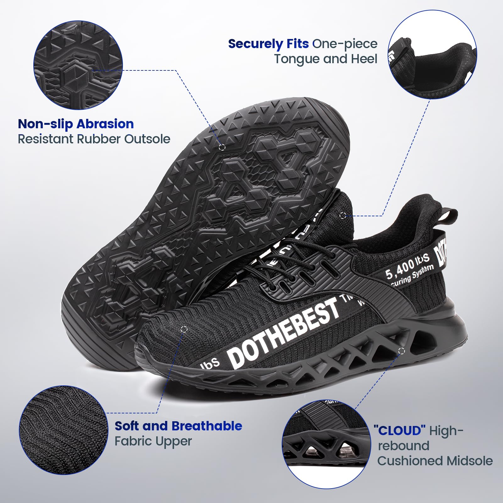 Furuian Safety Shoes Men Work Sneakers, Steel Toe, Lightweight, Comfortable, Black, Size 11.5/13