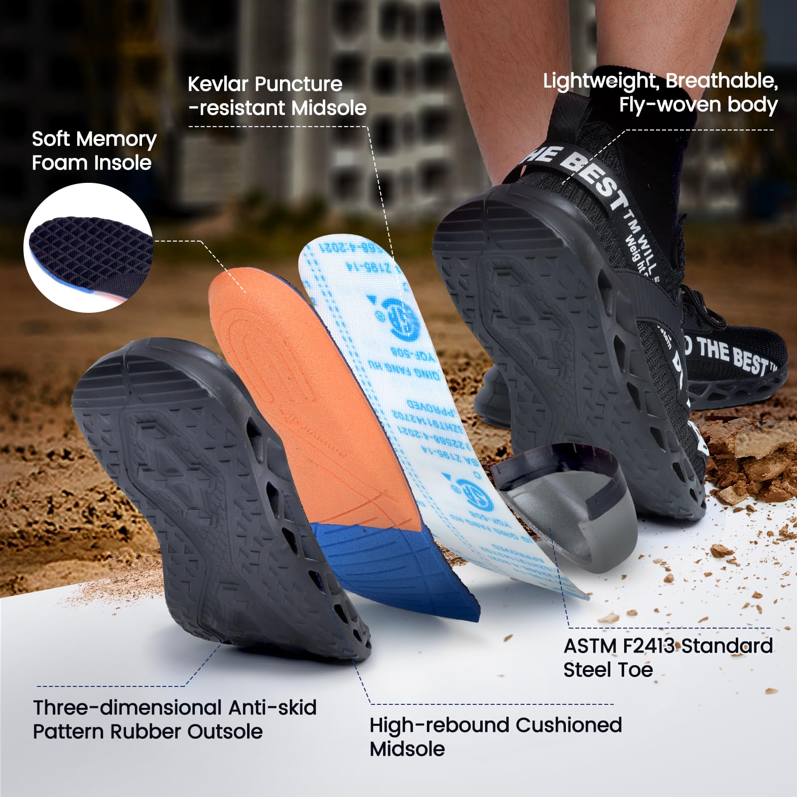 Furuian Safety Shoes Men Work Sneakers, Steel Toe, Lightweight, Comfortable, Black, Size 11.5/13