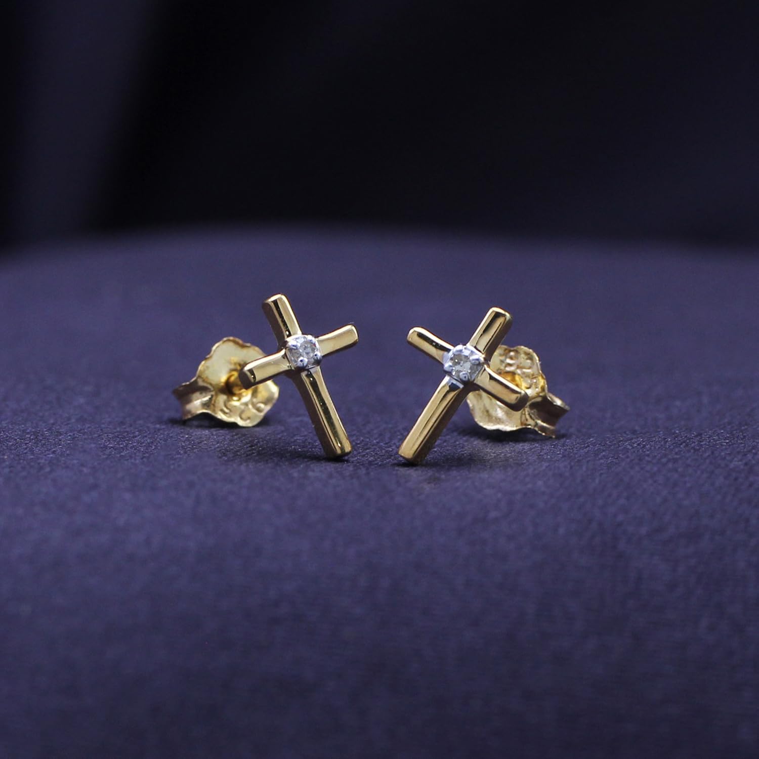 Round Natural White Diamond Cross Stud Earrings For Women's In 14K Yellow Gold Over Sterling Silver, Push Back Earrings Gift For Her