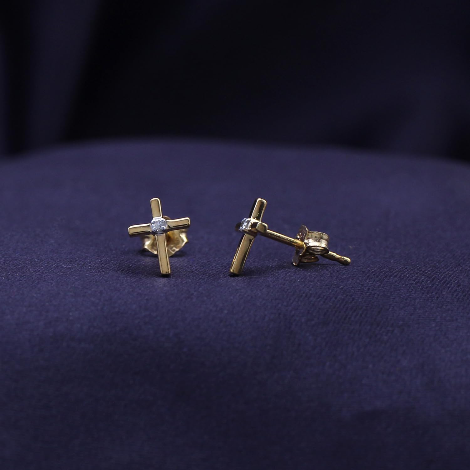 Round Natural White Diamond Cross Stud Earrings For Women's In 14K Yellow Gold Over Sterling Silver, Push Back Earrings Gift For Her