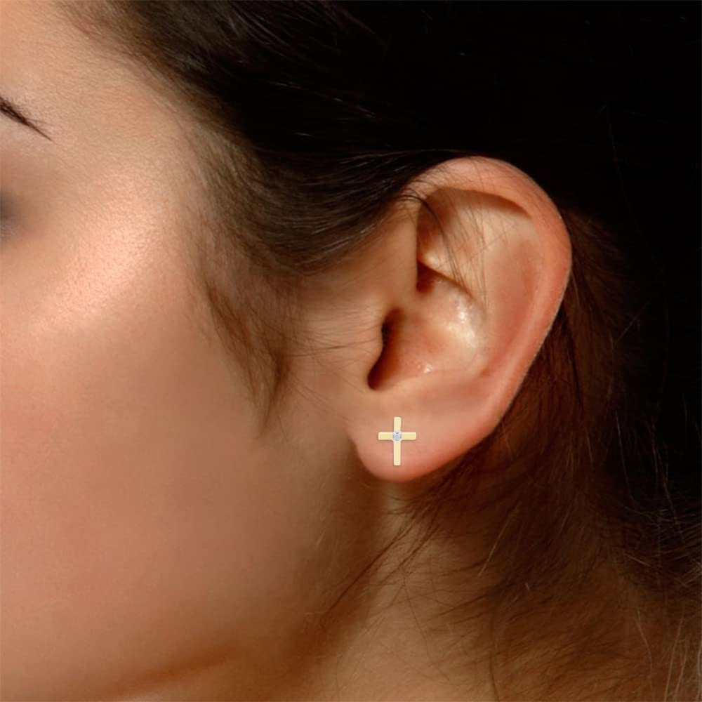 Round Natural White Diamond Cross Stud Earrings For Women's In 14K Yellow Gold Over Sterling Silver, Push Back Earrings Gift For Her