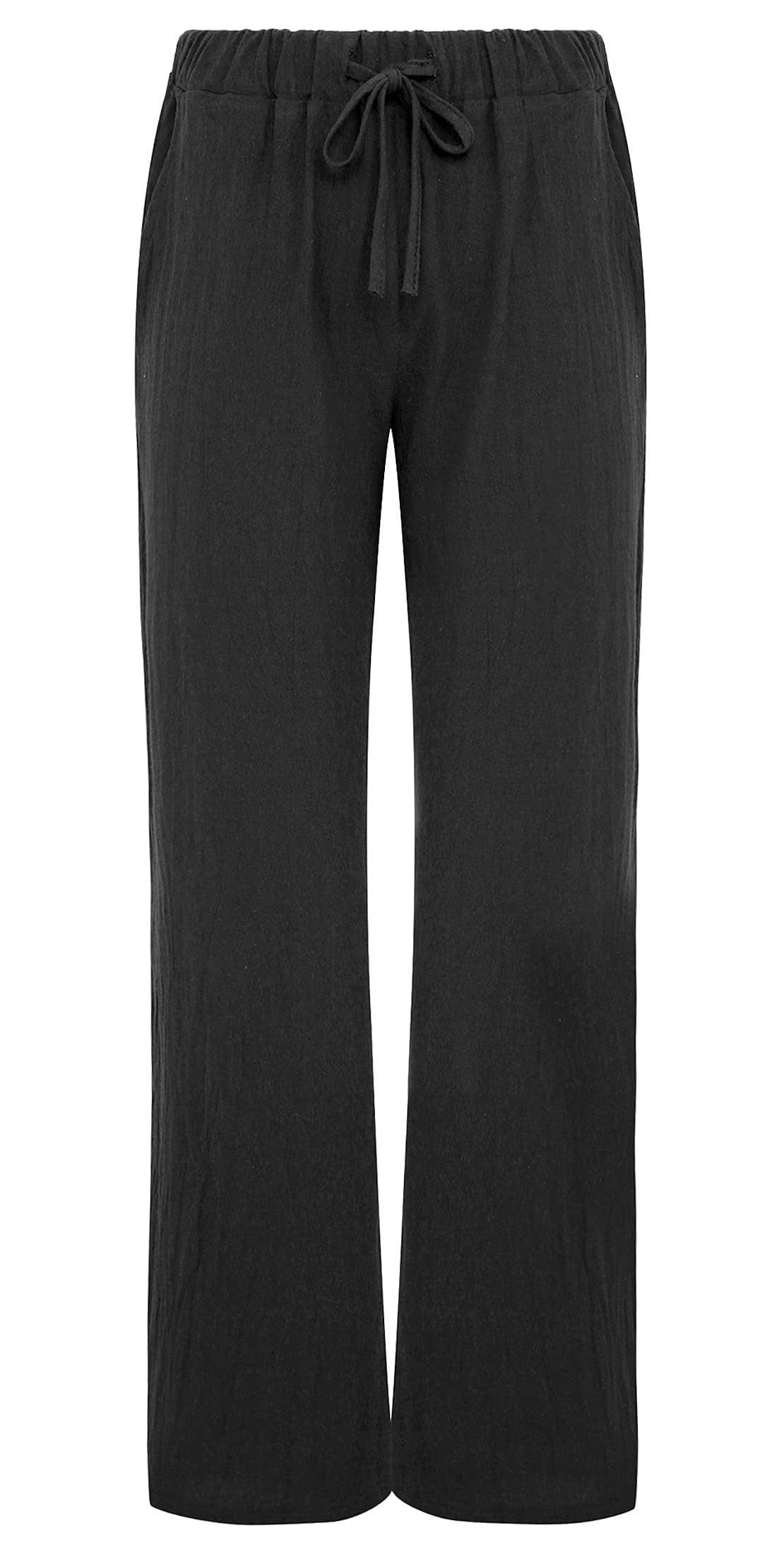 loveimgs Women's Casual Wide Leg Elastic Waist Loose Lightweight Summer Linen Beach Pants Drawstring (Black, XL)