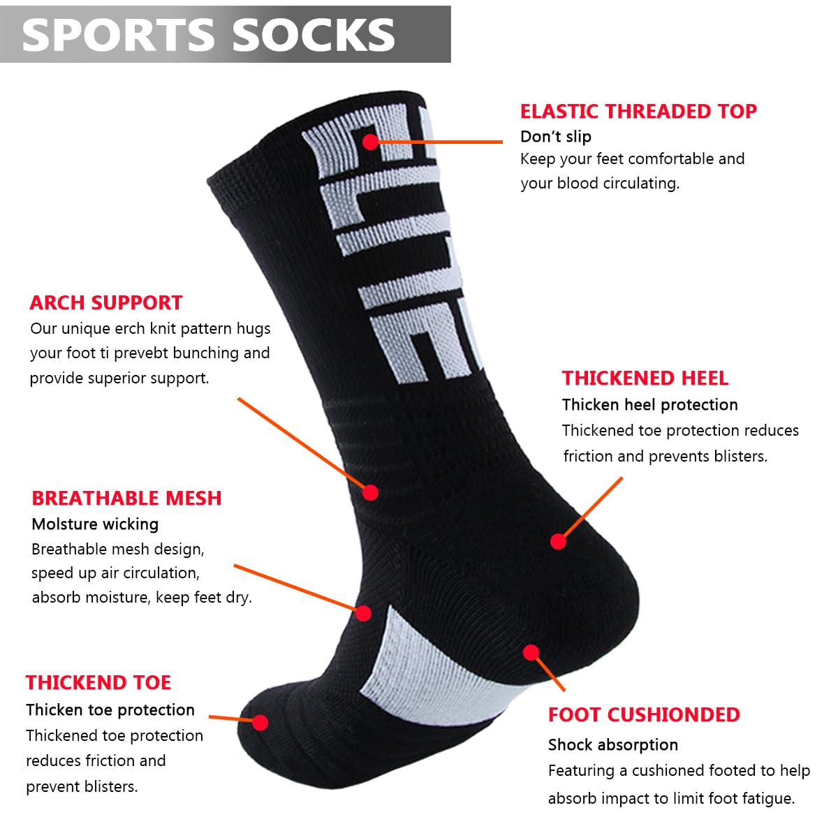 DRASEX Men's Cushioned Athletic Crew Socks 4 Pack Elite Basketball Compression Sport Running Hiking Socks