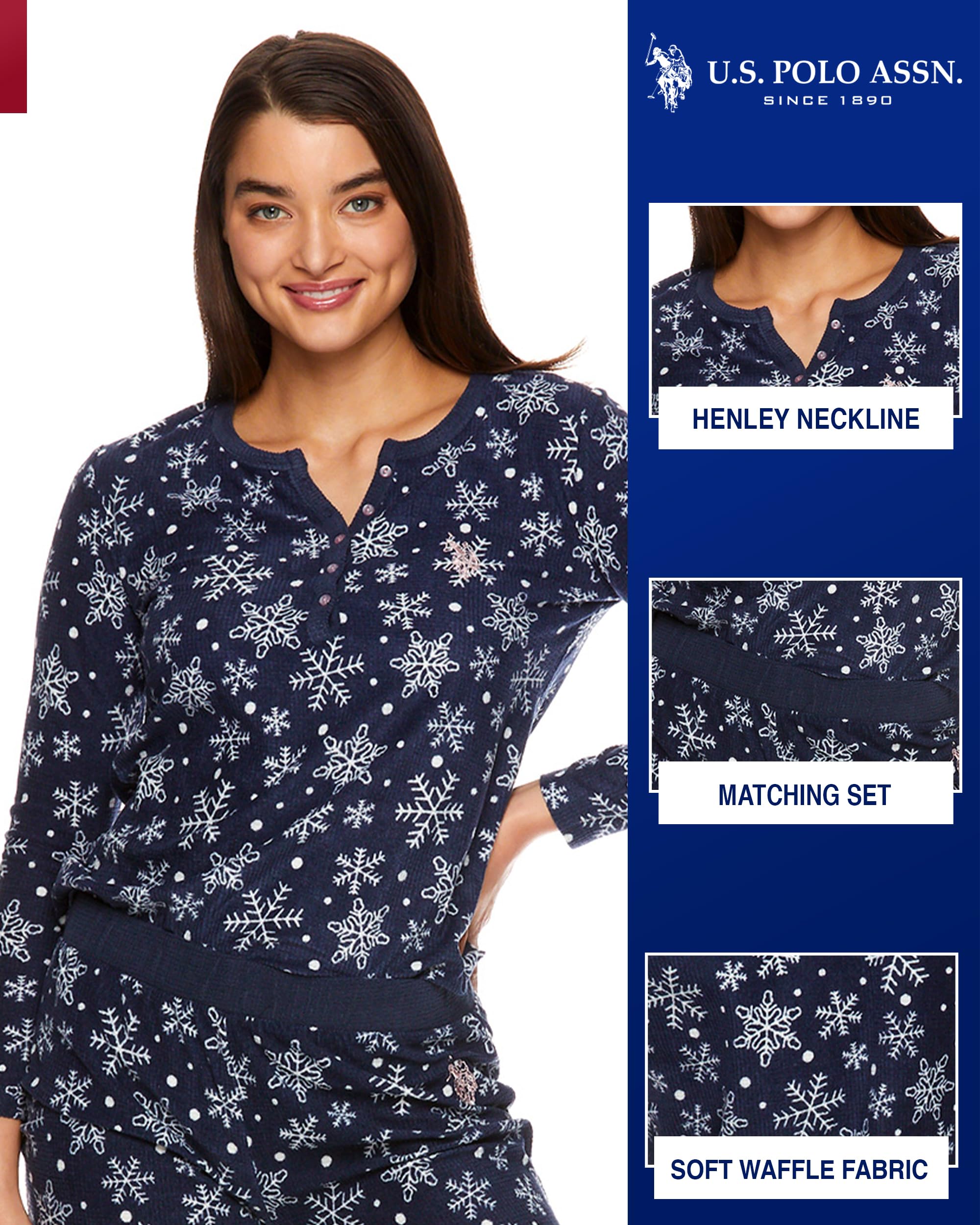 U.S. Polo Assn. Womens Pajama Sets, Snowflake Waffle Knit Pajama Sets for Women 2 Piece, Womens PJs Sets (Dark Navy, Medium)