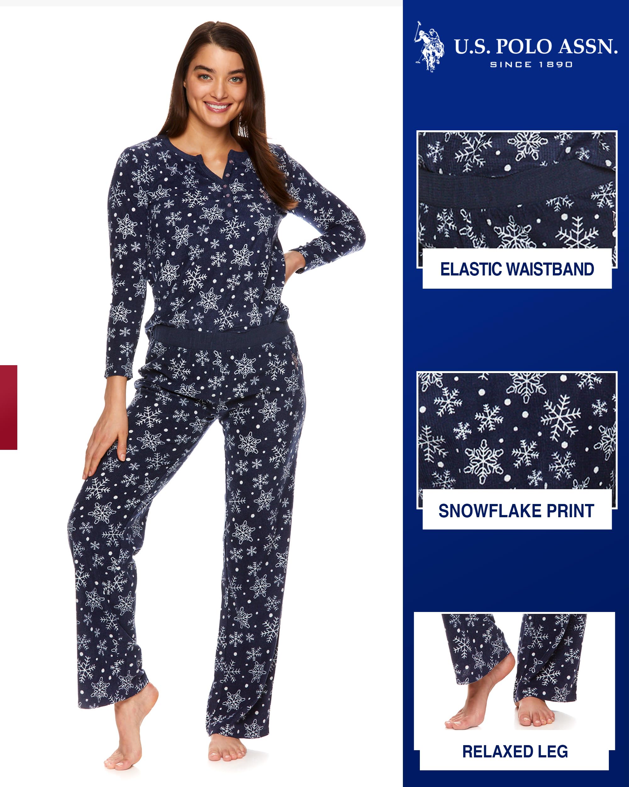 U.S. Polo Assn. Womens Pajama Sets, Snowflake Waffle Knit Pajama Sets for Women 2 Piece, Womens PJs Sets (Dark Navy, Medium)