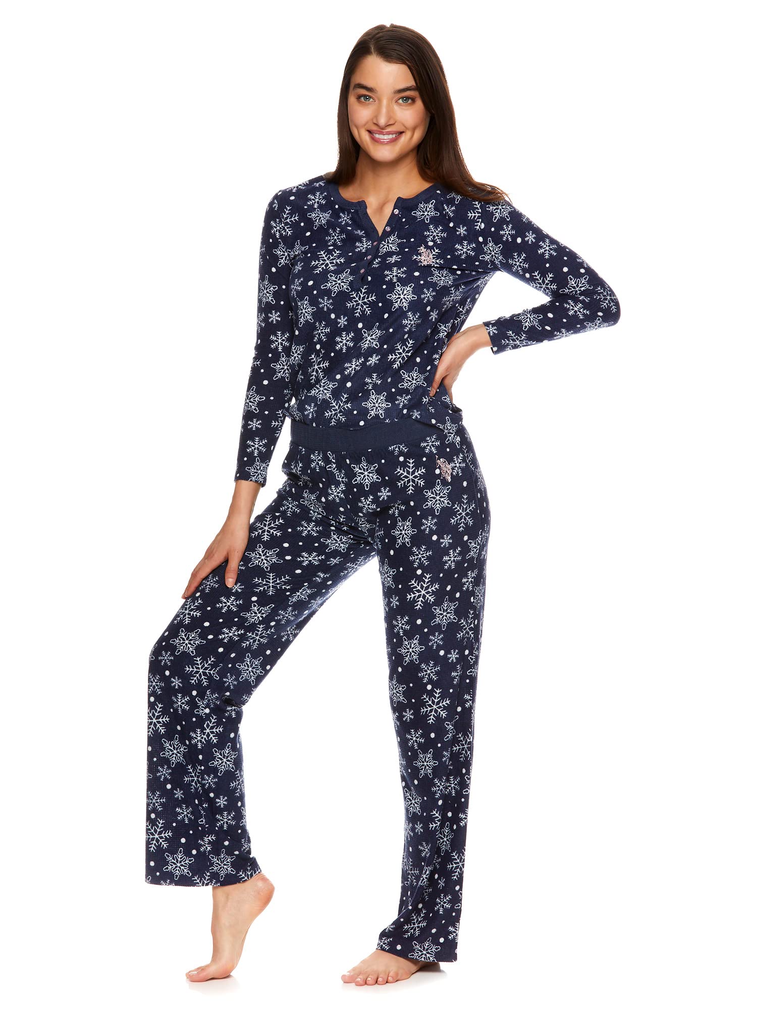 U.S. Polo Assn. Womens Pajama Sets, Snowflake Waffle Knit Pajama Sets for Women 2 Piece, Womens PJs Sets (Dark Navy, Medium)
