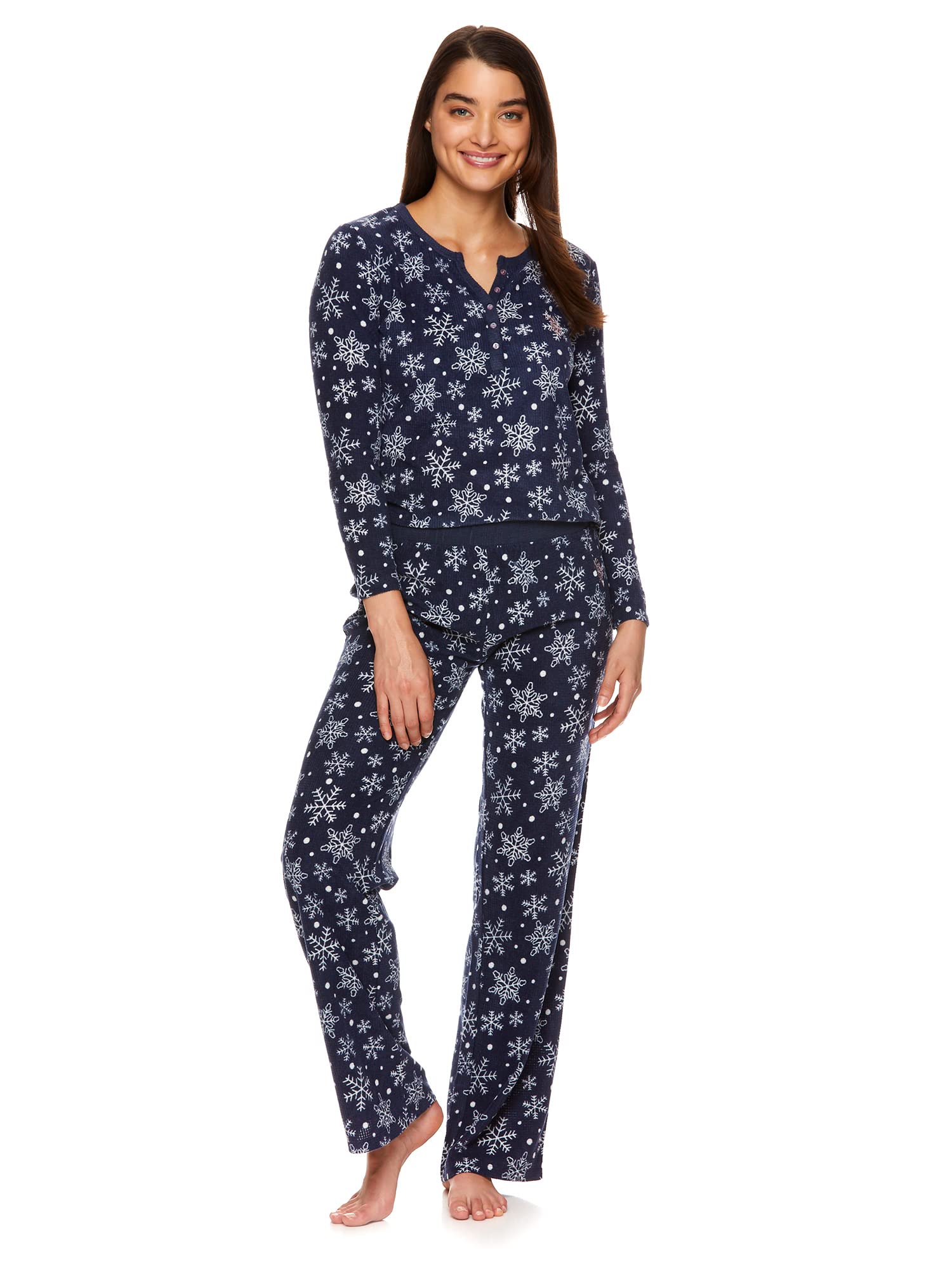 U.S. Polo Assn. Womens Pajama Sets, Snowflake Waffle Knit Pajama Sets for Women 2 Piece, Womens PJs Sets (Dark Navy, Medium)