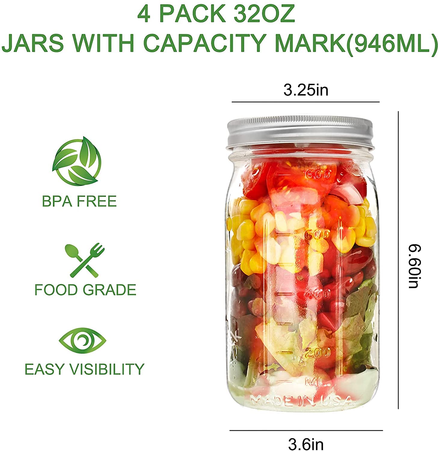 ball mason 4 Ball Mason Jar - 32 oz. Clear glass jars with wide mouth lips, with 4 lip colors and Lyeusa cleaning brush Clear glass container
