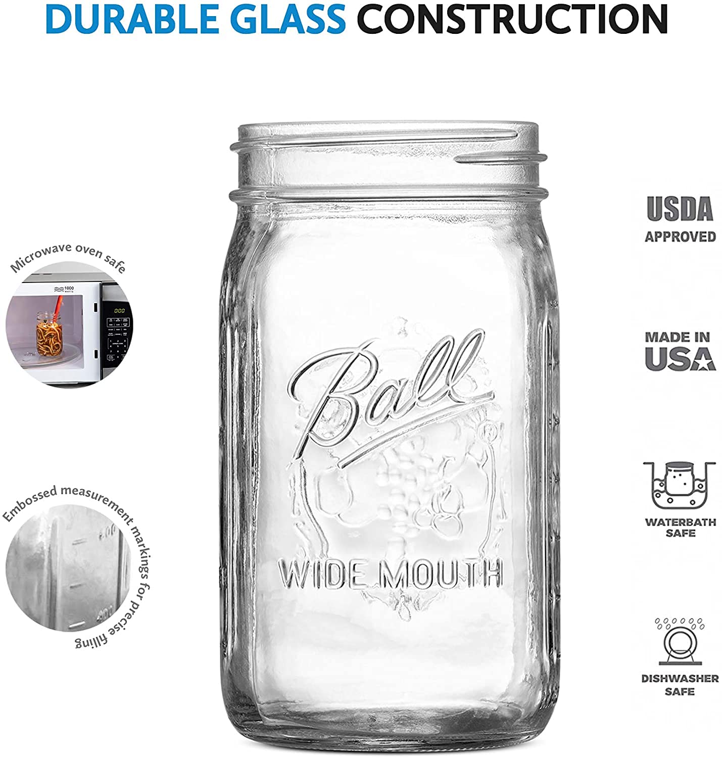 ball mason 4 Ball Mason Jar - 32 oz. Clear glass jars with wide mouth lips, with 4 lip colors and Lyeusa cleaning brush Clear glass container