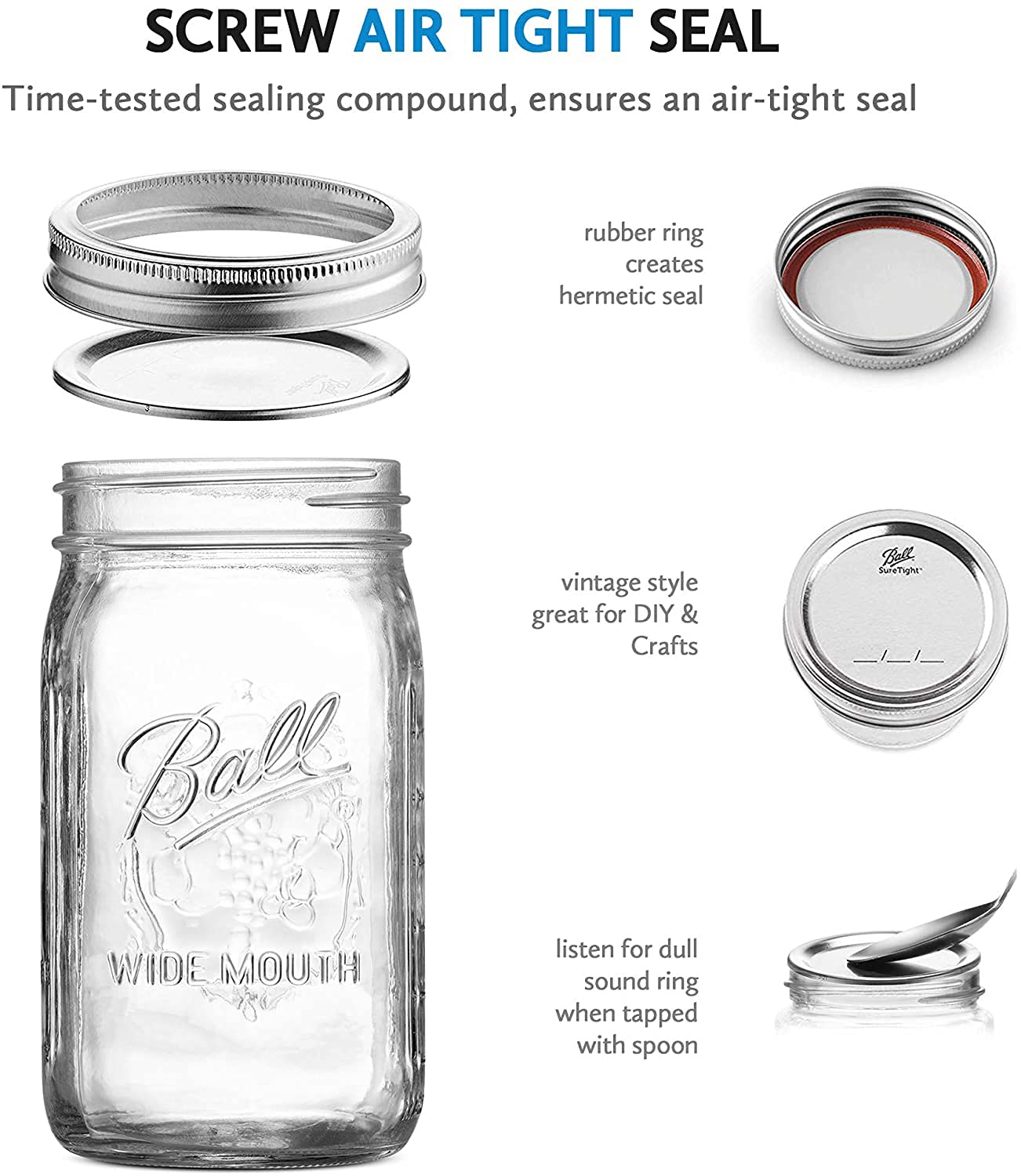 ball mason 4 Ball Mason Jar - 32 oz. Clear glass jars with wide mouth lips, with 4 lip colors and Lyeusa cleaning brush Clear glass container
