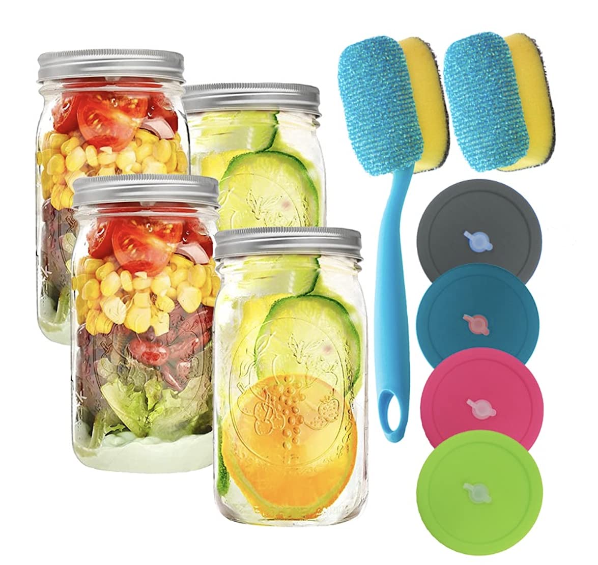 ball mason 4 Ball Mason Jar - 32 oz. Clear glass jars with wide mouth lips, with 4 lip colors and Lyeusa cleaning brush Clear glass container