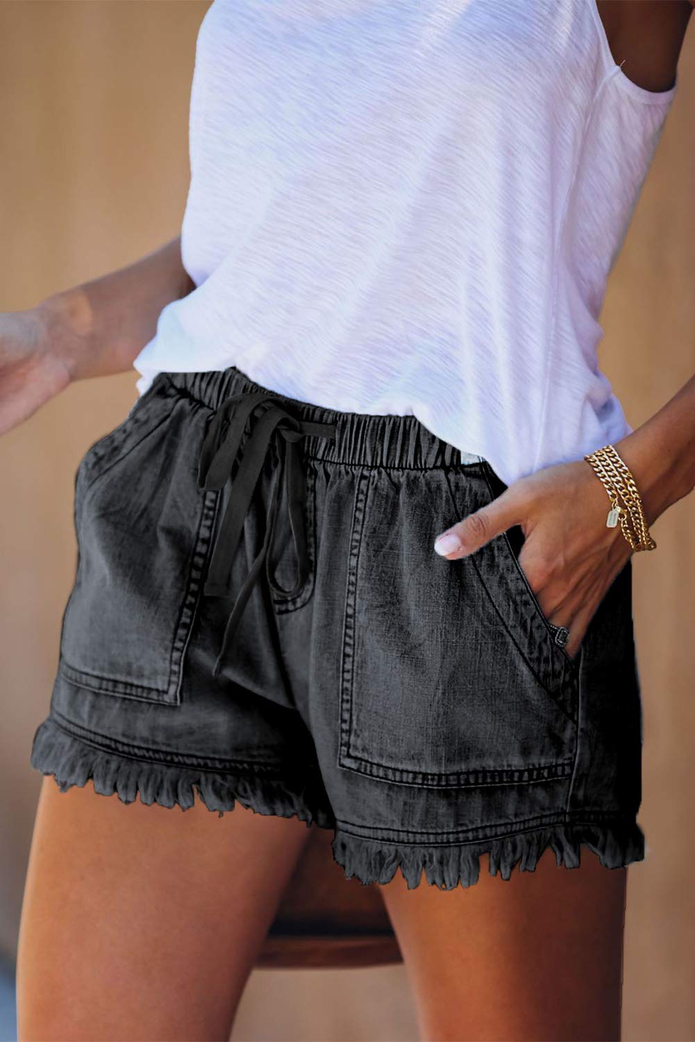 SMENG Womens Summer Cotton Casual Shorts for Women Plus Size Elastic Waist Linen 5 in Pants Pull on Drawstring Ladies Comfy Sleeping Clothes Black XL