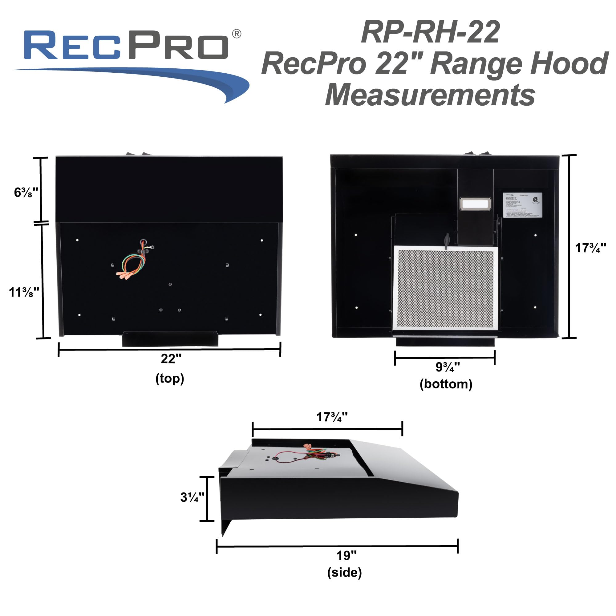 RecPro RV Stove Range Hood Vent with Light | 22" | Exhaust Fan | 12V (Black)