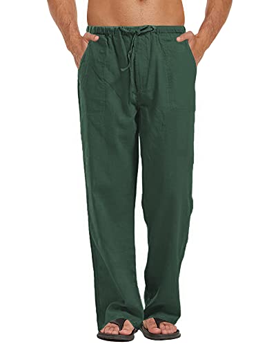 AUDATE Men's Casual Linen Pants Drawstring Elastic Waist Yoga Trousers Loose Fit Beach Pants Green XL