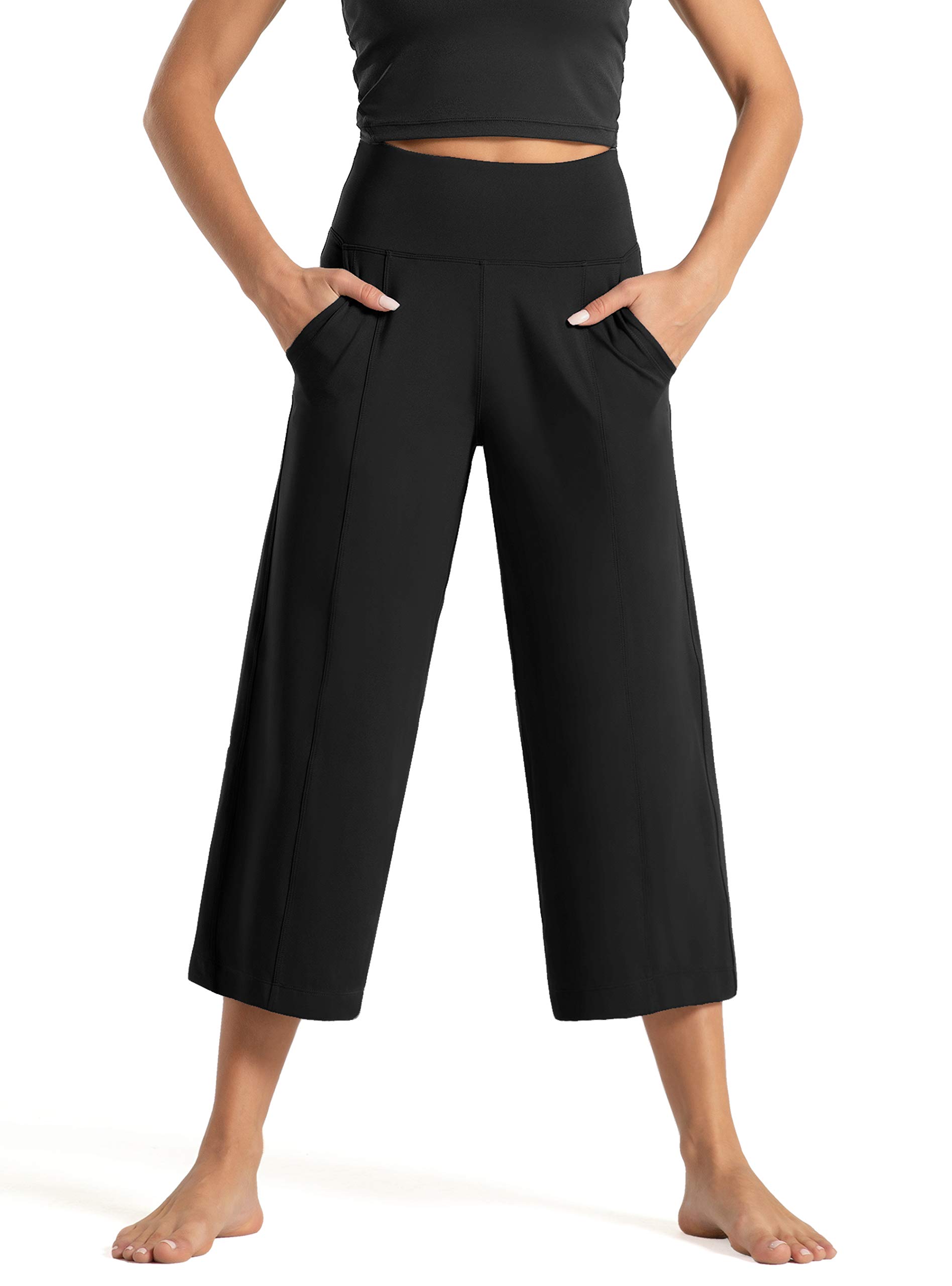 Tmustobe Womens Lounge Yoga Capris Pants Bootleg Tummy Control High Waist Workout Flare Crop Pants with Pockets (Black, Small)