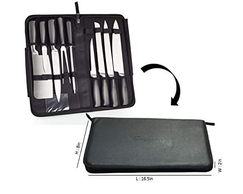 Chef’s Leather Knife Bag with 9 Universal Knife Holder Slots, Knife Carrier Bag Has a Zipper Pouch, Knife Case Also Holds Small Kitchen Tools Like Spoon, Peeler, BBQ Tools, Best Chef Knife Bag