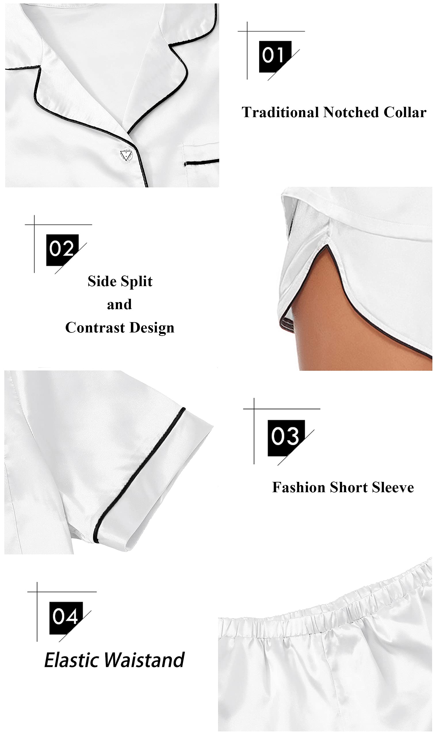 SWOMOG Satin Christmas Pajamas Women Set Silk Pjs Set Short Sleeve 2 Piece Button Down Sleepwear Lounge Sets White