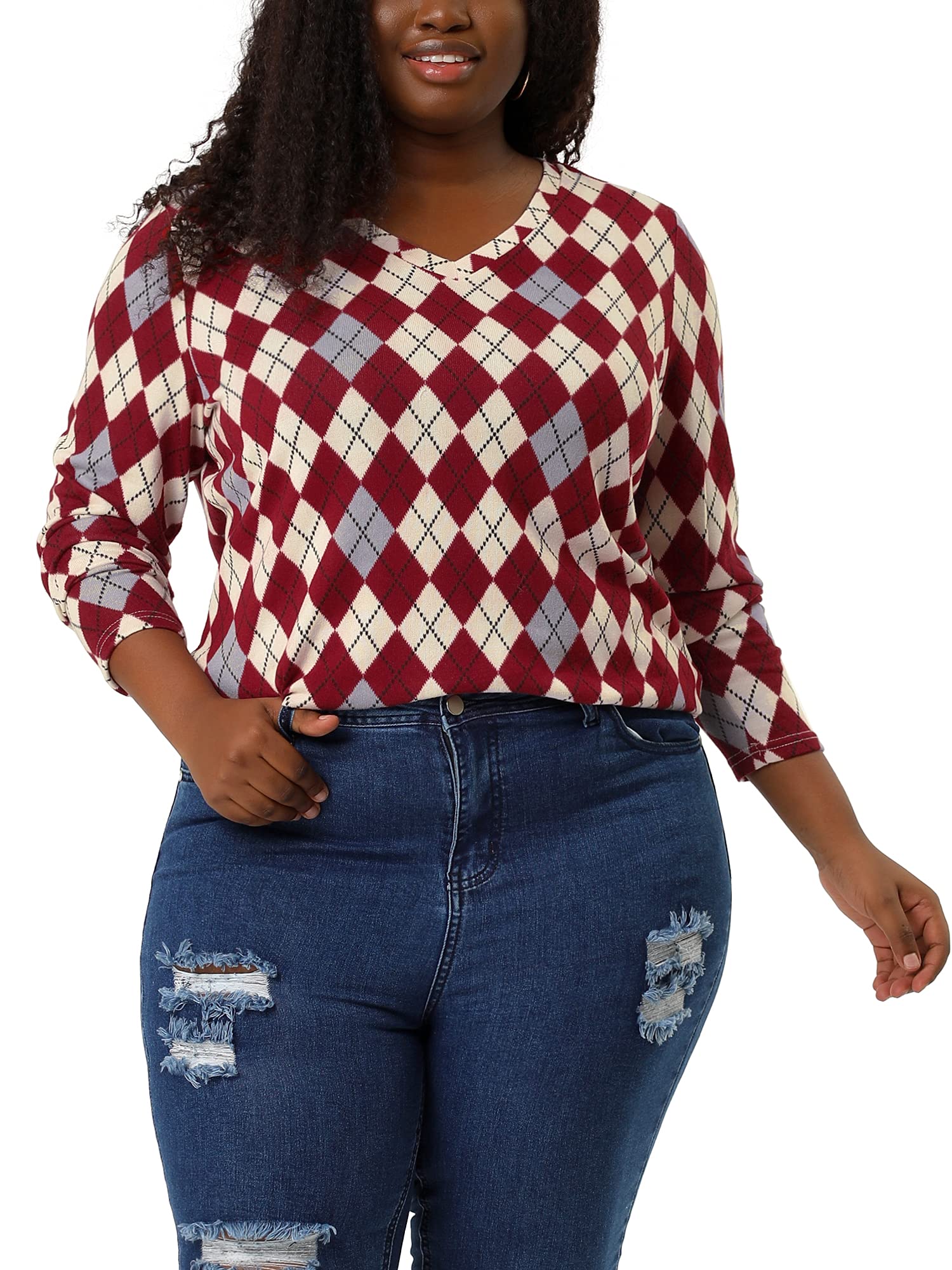 Agnes Orinda Plus Size Knit Tops for Women Argyle Plaid V Neck Long Sleeve Pullover Homecoming T Shirt 4X Red