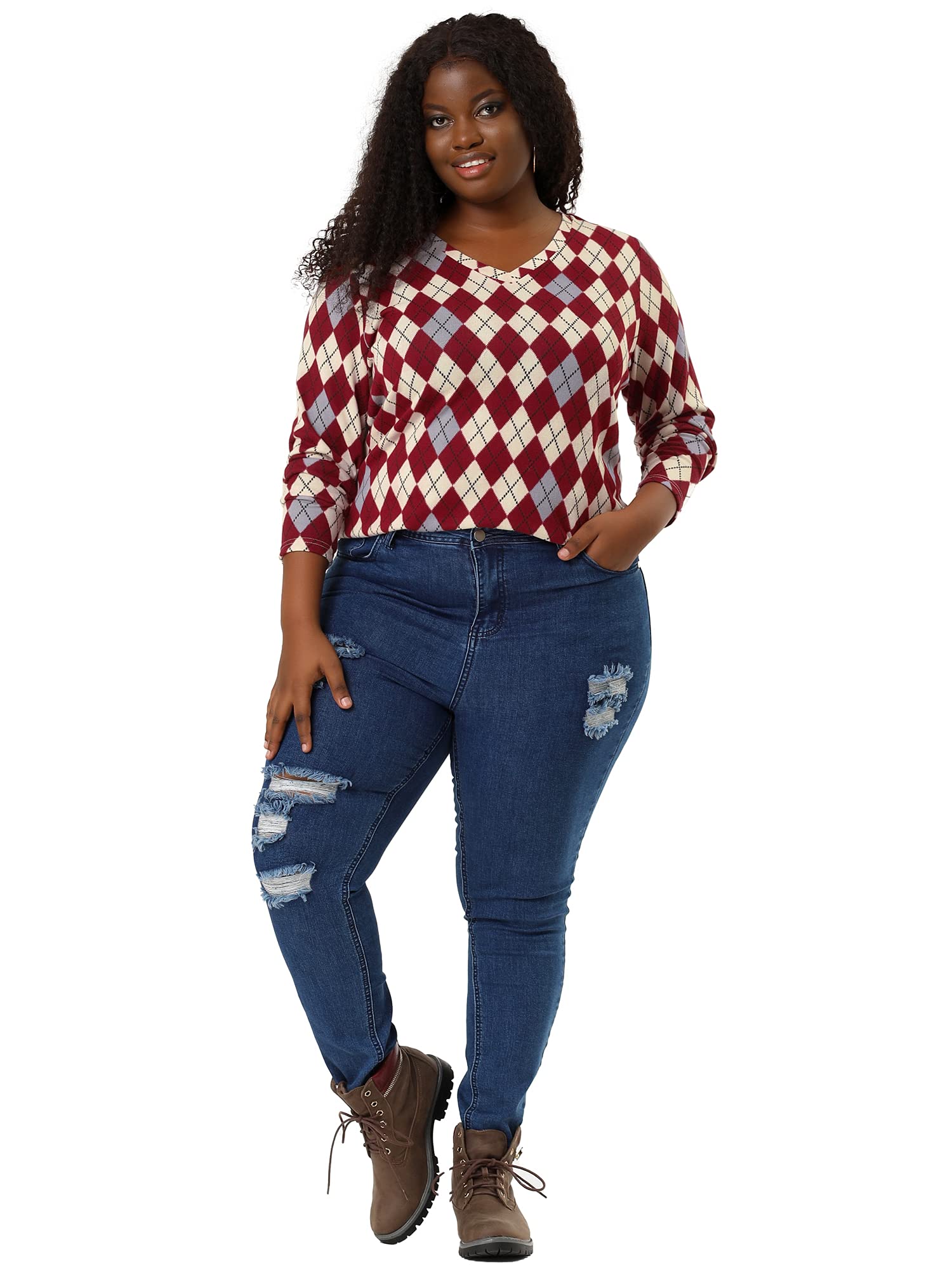 Agnes Orinda Plus Size Knit Tops for Women Argyle Plaid V Neck Long Sleeve Pullover Homecoming T Shirt 4X Red