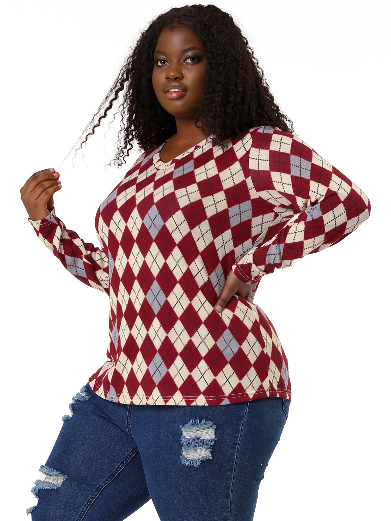 Agnes Orinda Plus Size Knit Tops for Women Argyle Plaid V Neck Long Sleeve Pullover Homecoming T Shirt 4X Red