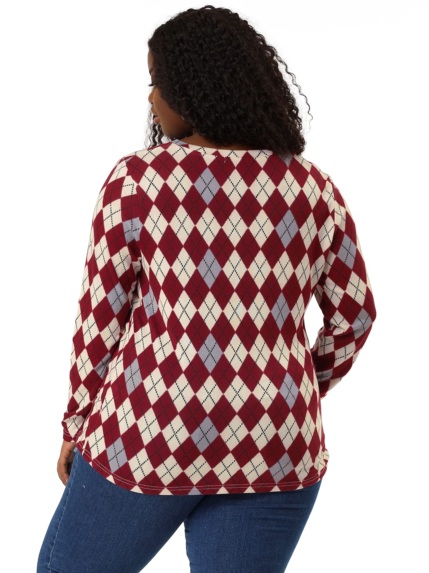 Agnes Orinda Plus Size Knit Tops for Women Argyle Plaid V Neck Long Sleeve Pullover Homecoming T Shirt 4X Red