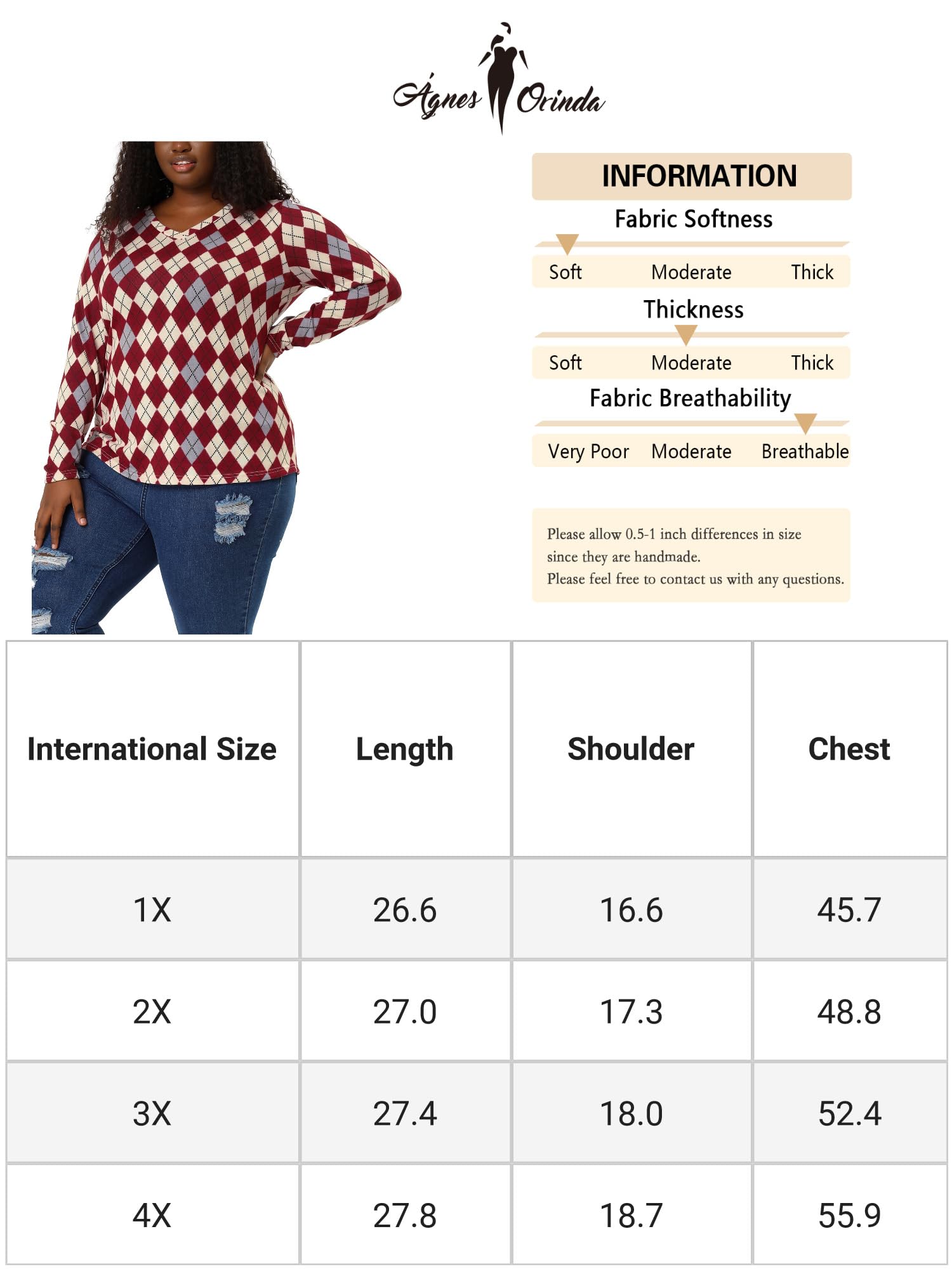Agnes Orinda Plus Size Knit Tops for Women Argyle Plaid V Neck Long Sleeve Pullover Homecoming T Shirt 4X Red