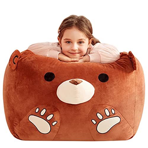 IKASA Bean Bag Chair Cover for Kids - Stuffed Animal Toy Storage Beanbag Chairs Bags for Toddler Girls Boys for Organizing Childrens Plush Toys - Soft Plush Long YKK Zipper (Brown Bear, Large)