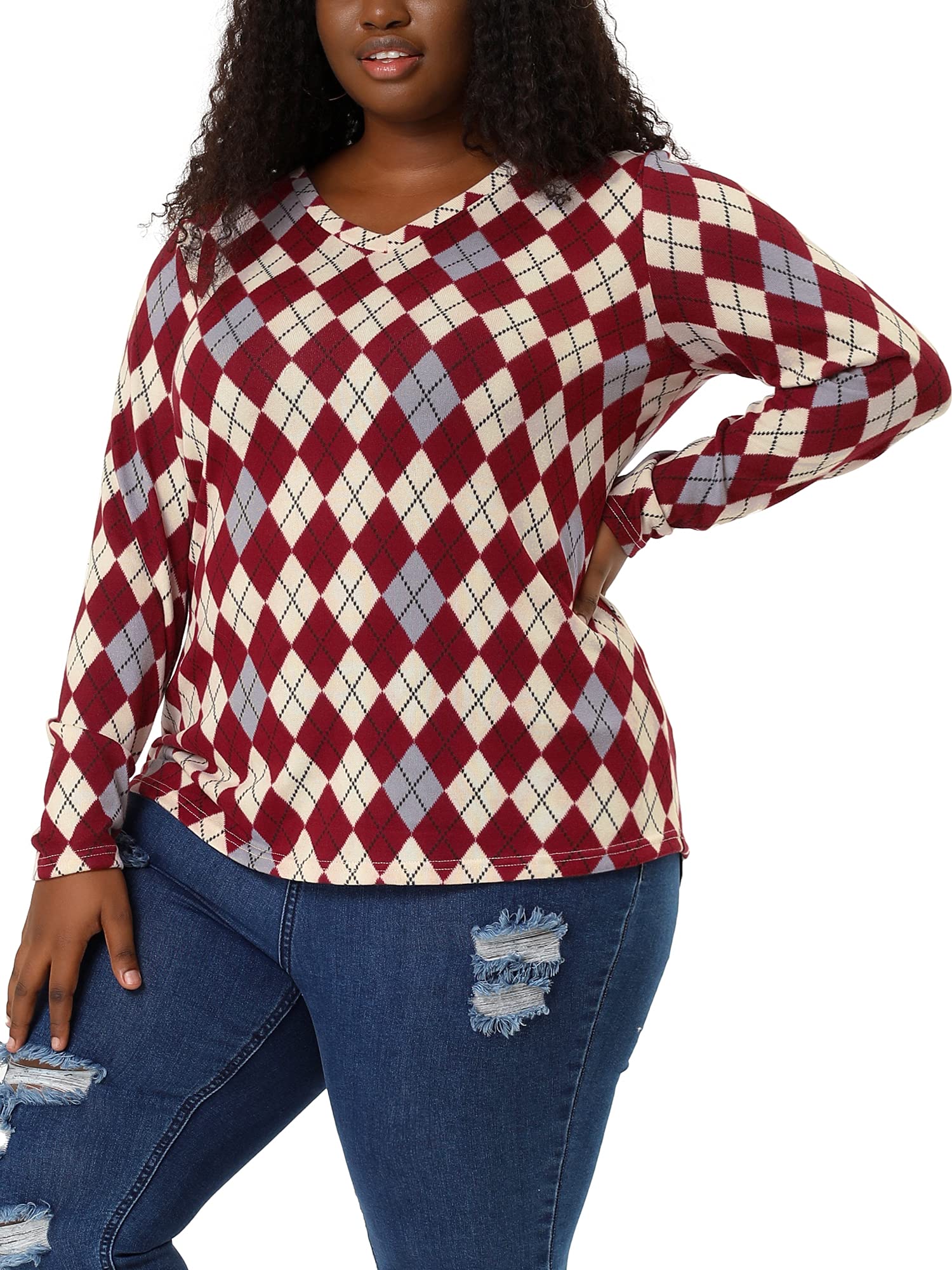 Agnes Orinda Plus Size Knit Tops for Women Argyle Plaid V Neck Long Sleeve Pullover Homecoming T Shirt 4X Red