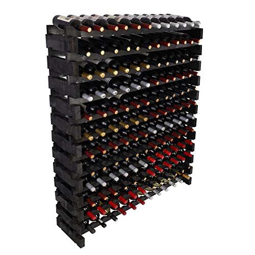 DisplayGifts Pine Wooden Wine Holder Stackable Modular Display Shelves Wine Rack Storage Stand Thick Wood Black 12 X 12 Rows 144 Slots