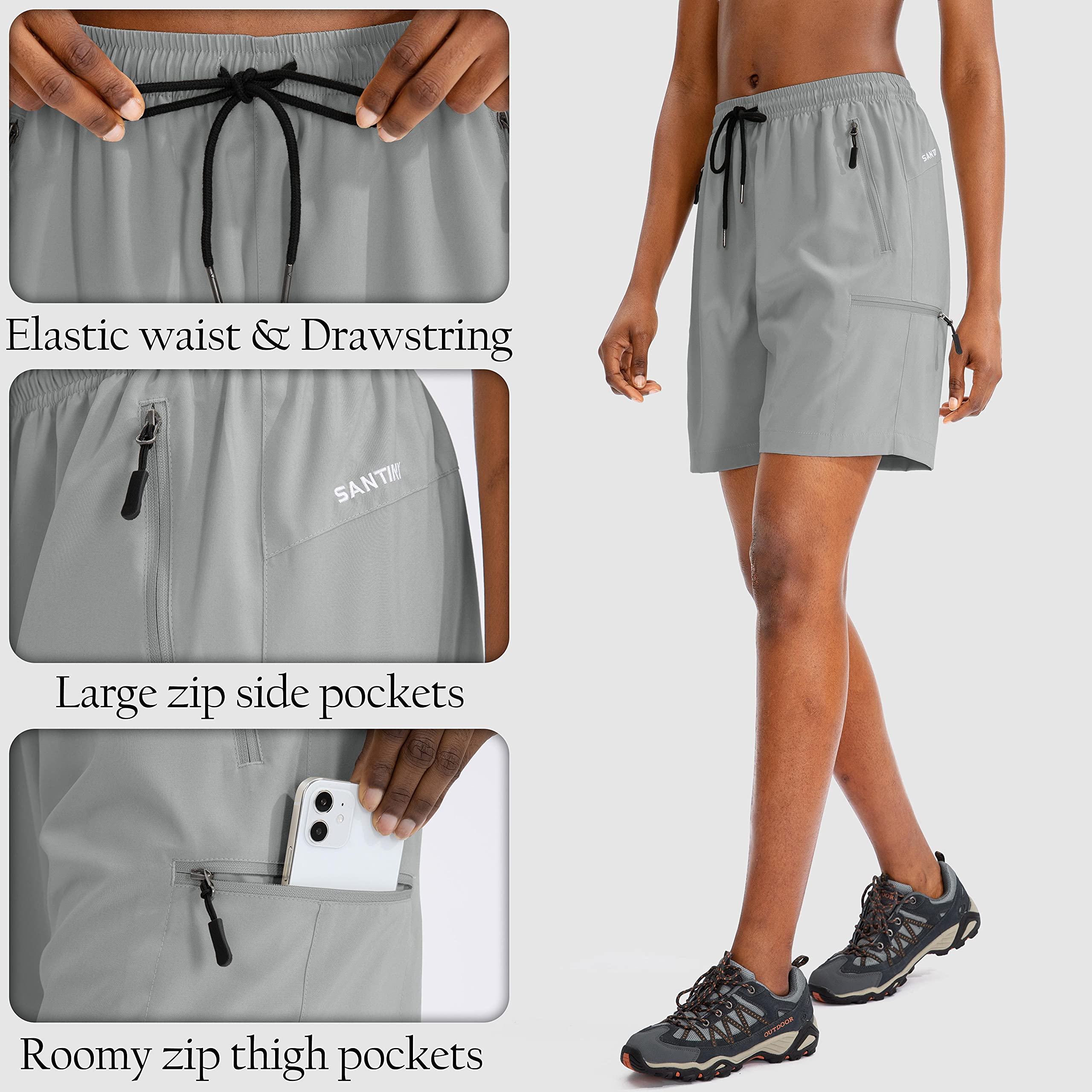 SANTINY Women's 5''/ 7''/9'' Hiking Cargo Shorts Quick Dry Lightweight Summer Shorts for Women Athletic Golf Zipper Pockets(Light Grey_L)