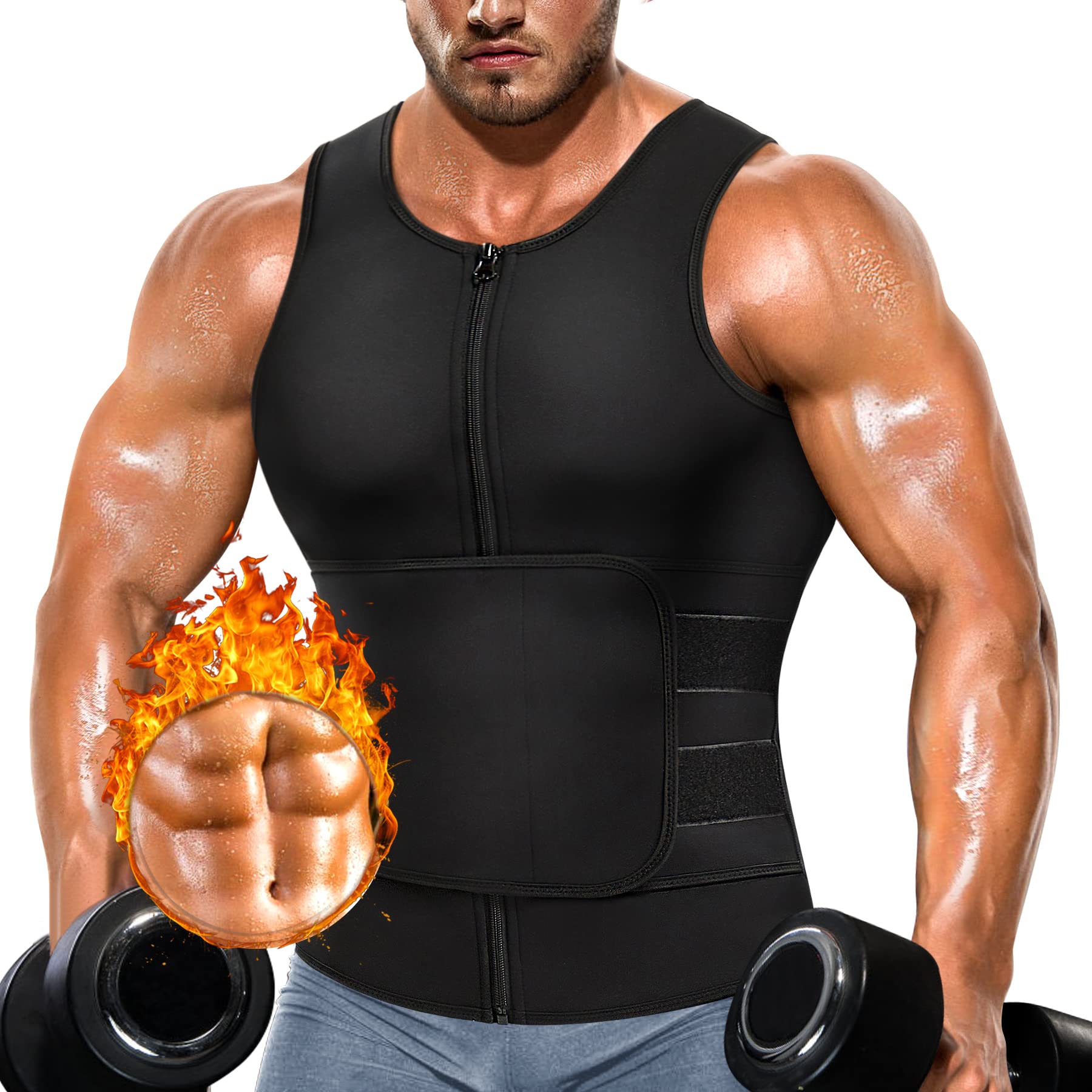 REDPAI 2 in 1 Waist Trainer for Men with Waist Trimmer Sweat Belt Tummy Control Neoprene Slimming Workout Vest Shaper (Black, Large)