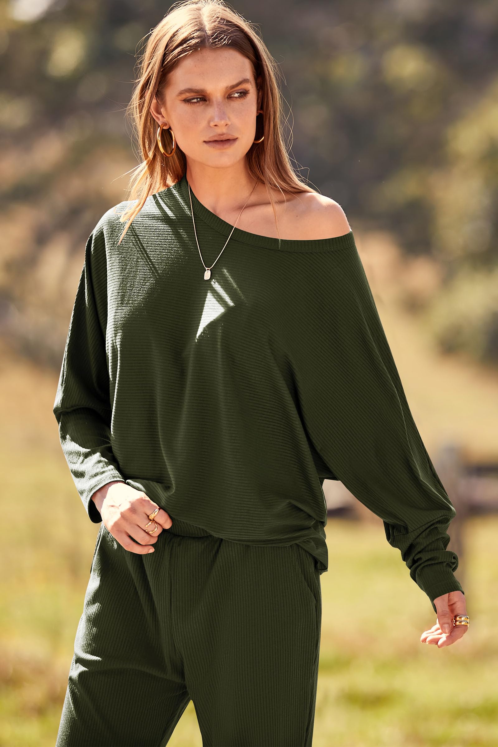 PRETTYGARDEN Women's Spring Fall Fashion Outfits 2 Piece Sweatsuit Long Sleeve Pullover Long Pants Ribbed Matching Lounge Set (Army Green,Large)