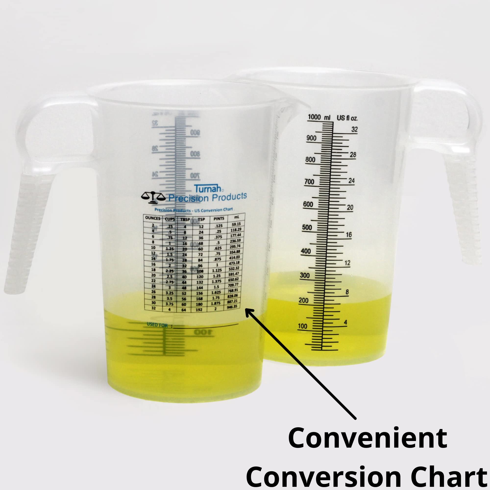 32oz (1 Quart) Measure Pitcher with Convenient Conversion Chart β Extra Strong Food Grade β Great for Cooking, Home Hobbies, Shop Oil and Fluids, Spa Chemicals with High Chemical Resistance by Turnah