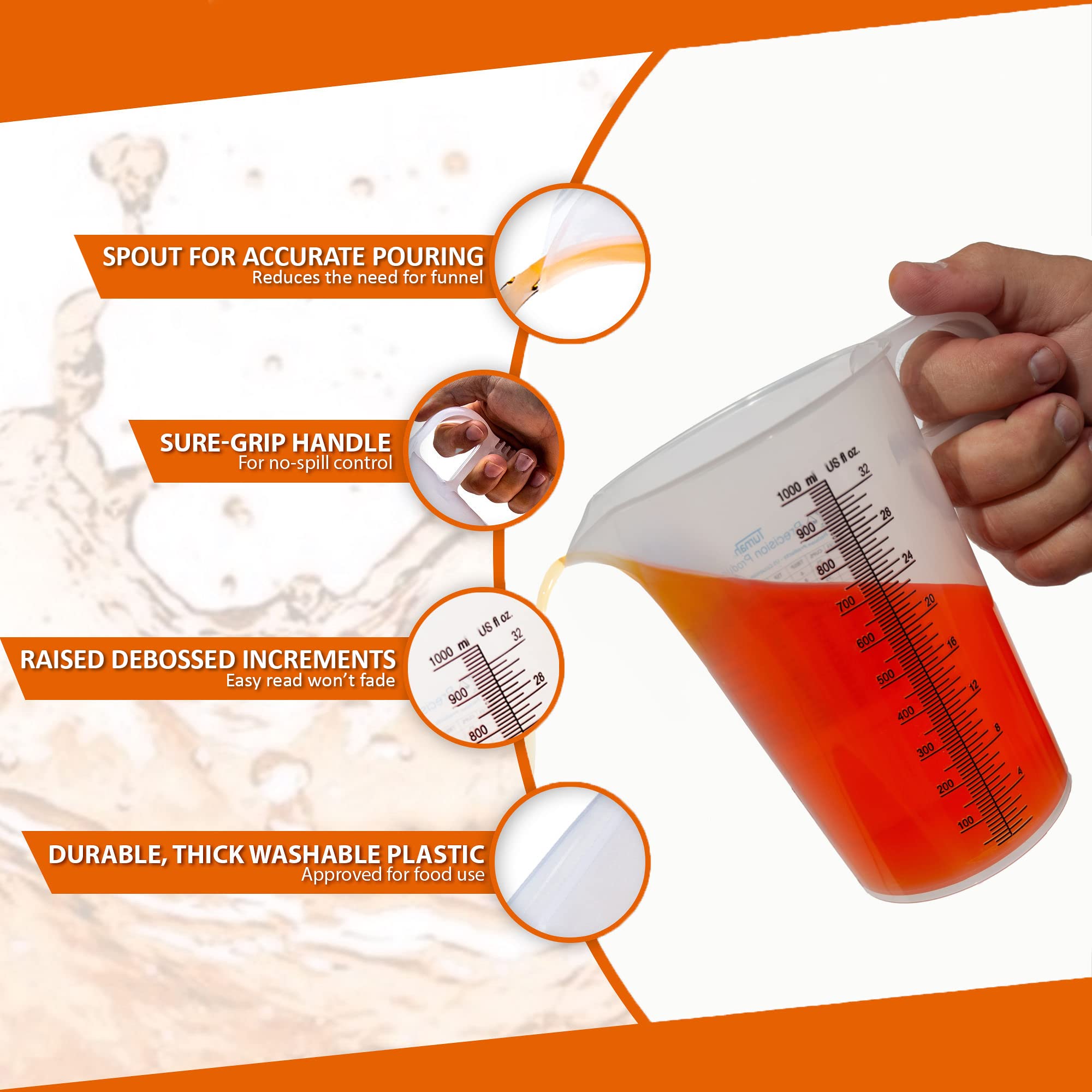 32oz (1 Quart) Measure Pitcher with Convenient Conversion Chart β Extra Strong Food Grade β Great for Cooking, Home Hobbies, Shop Oil and Fluids, Spa Chemicals with High Chemical Resistance by Turnah