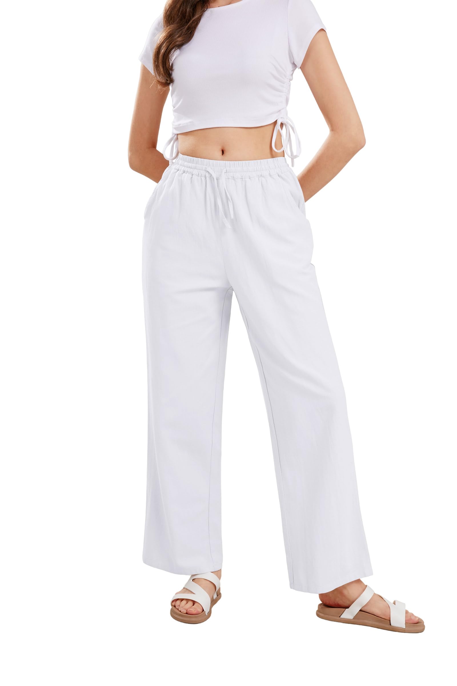 CHARTOU Women's Summer Drawstring Waist Wide Leg Loose Cotton Linen Palazzo Pants (X-Large, White)