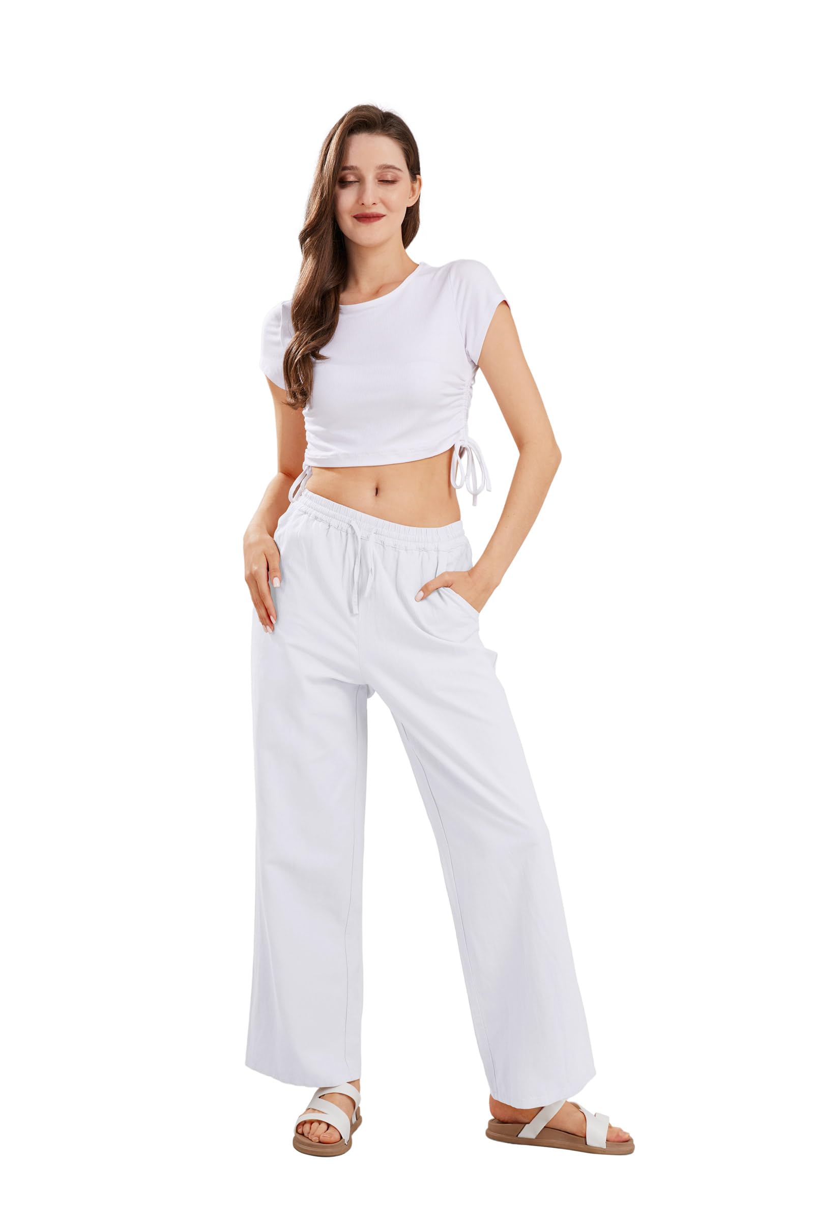 CHARTOU Women's Summer Drawstring Waist Wide Leg Loose Cotton Linen Palazzo Pants (X-Large, White)