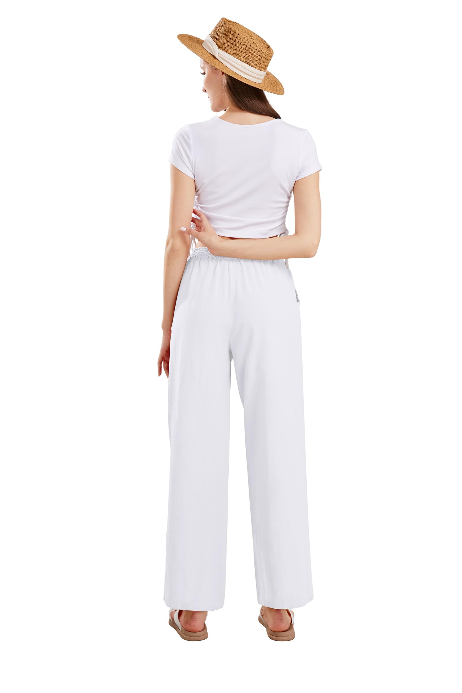 CHARTOU Women's Summer Drawstring Waist Wide Leg Loose Cotton Linen Palazzo Pants (X-Large, White)