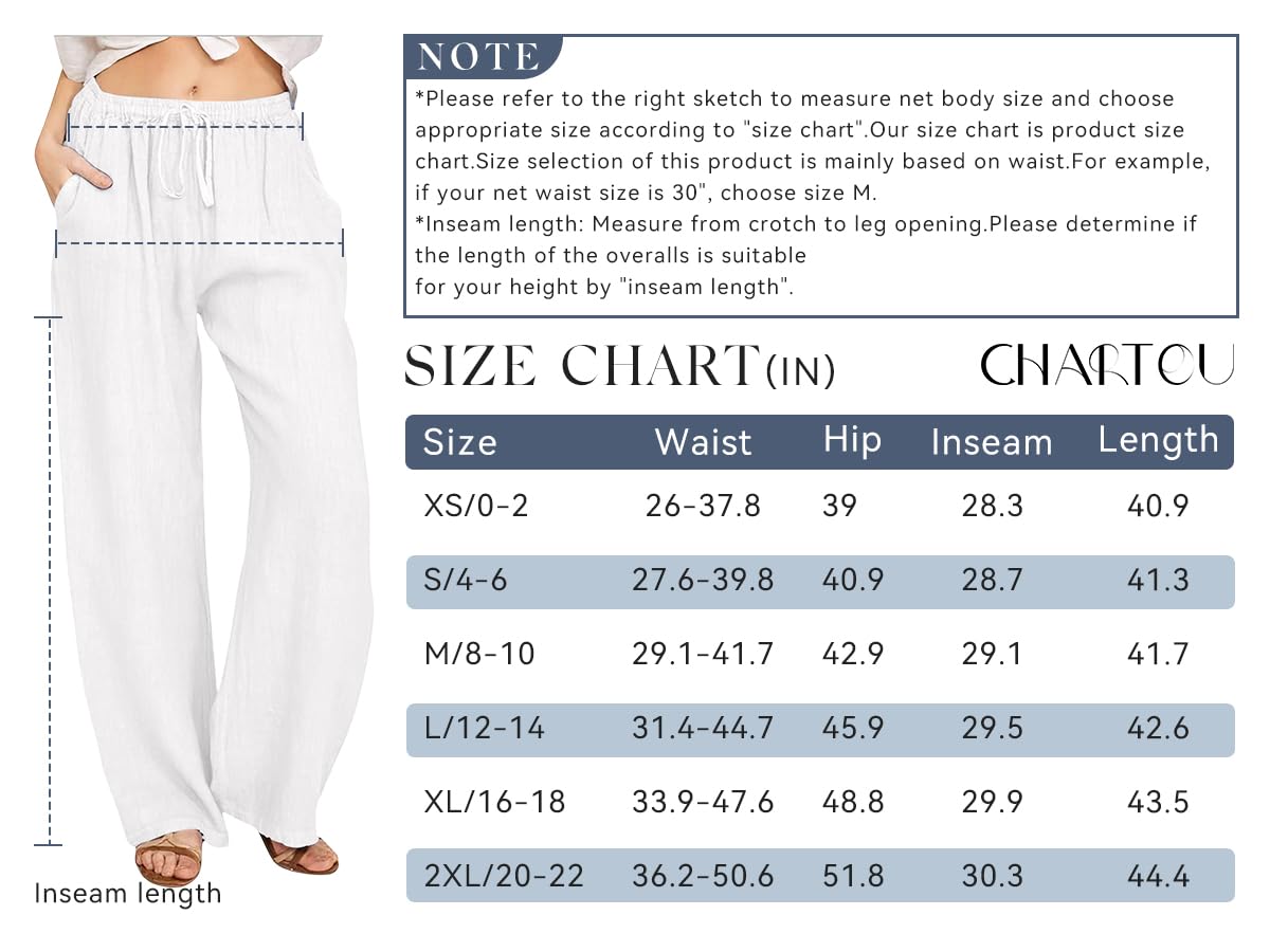 CHARTOU Women's Summer Drawstring Waist Wide Leg Loose Cotton Linen Palazzo Pants (X-Large, White)