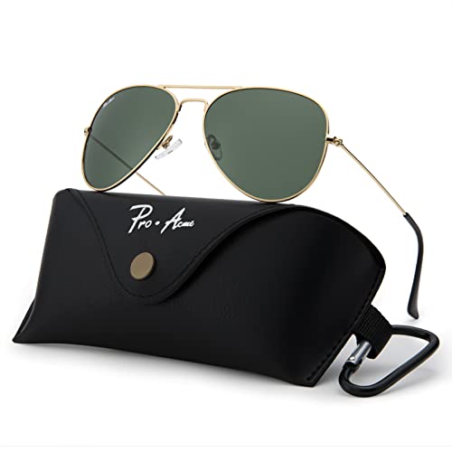 Pro Acme Classic Polarized Aviator Sunglasses for Women Men, Driving Sun Glasses Polarized Lens Lightweight Metal Pilot Frame UV400 Protection (Gold | G15 Green Lens | With Logo)