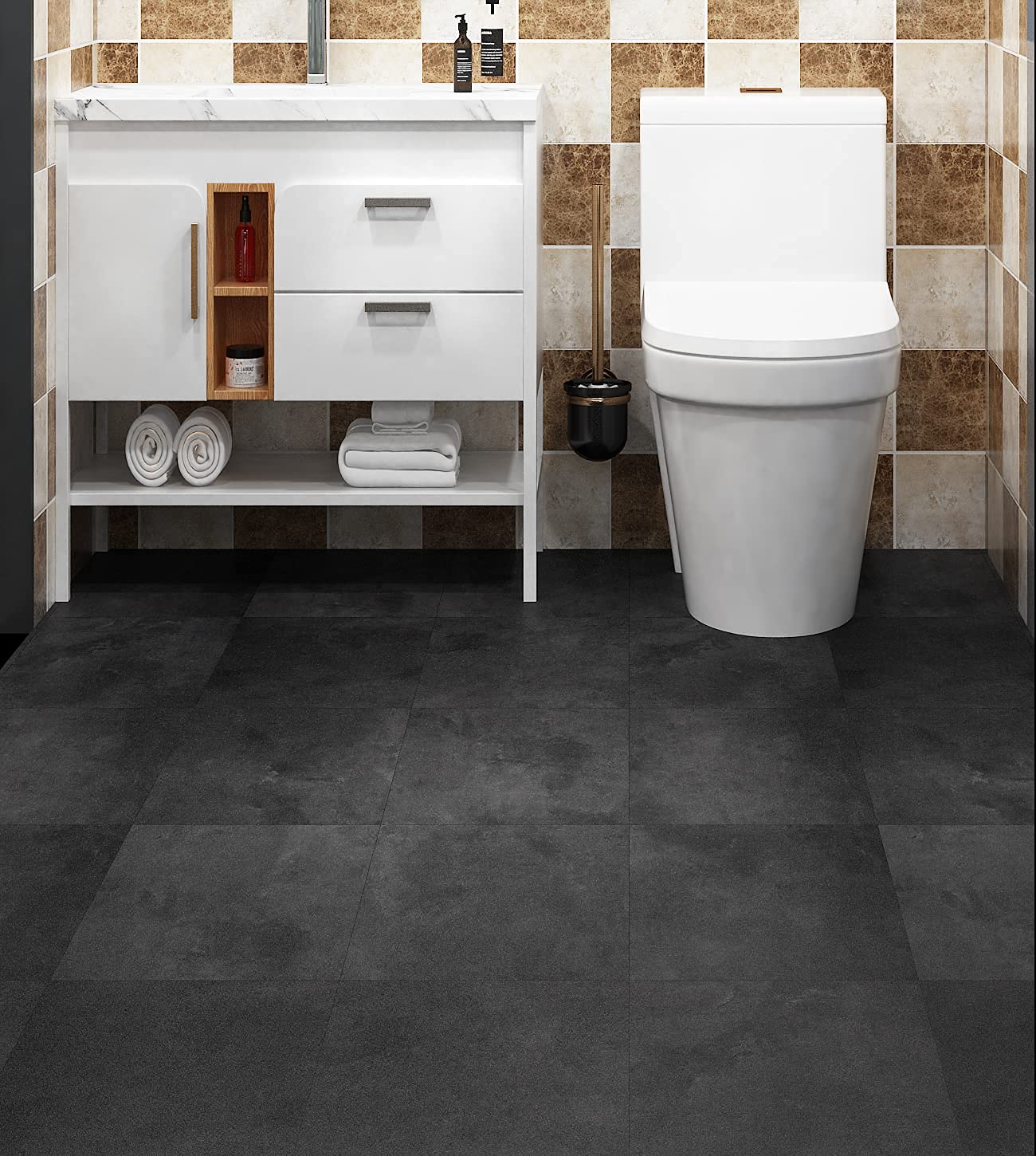 Livelynine 16-Pack Retro Peel and Stick Floor Tile Concrete Slate Gray Vinyl Flooring Stick on Floor Tiles for Bathroom Kitchen Bedroom Waterproof Removable Sticky Laminate Flooring Sheets 12X12 Inch