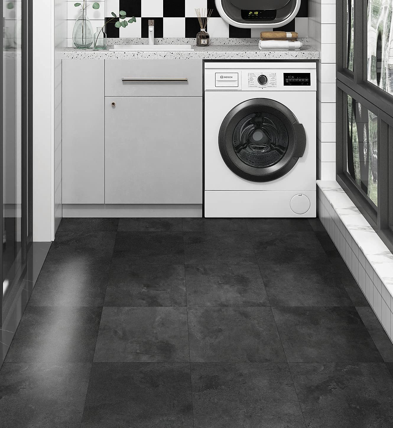 Livelynine 16-Pack Retro Peel and Stick Floor Tile Concrete Slate Gray Vinyl Flooring Stick on Floor Tiles for Bathroom Kitchen Bedroom Waterproof Removable Sticky Laminate Flooring Sheets 12X12 Inch