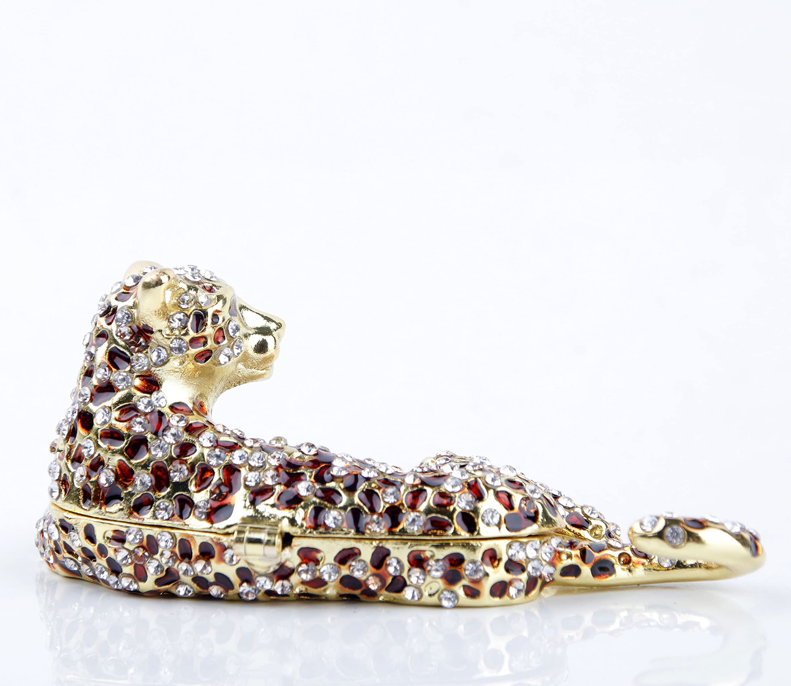 SEVENBEES 24K Golden Leopard Jewelry Trinket Boxes Hinged Hand Painted Enameled Leopard Figurine Gift